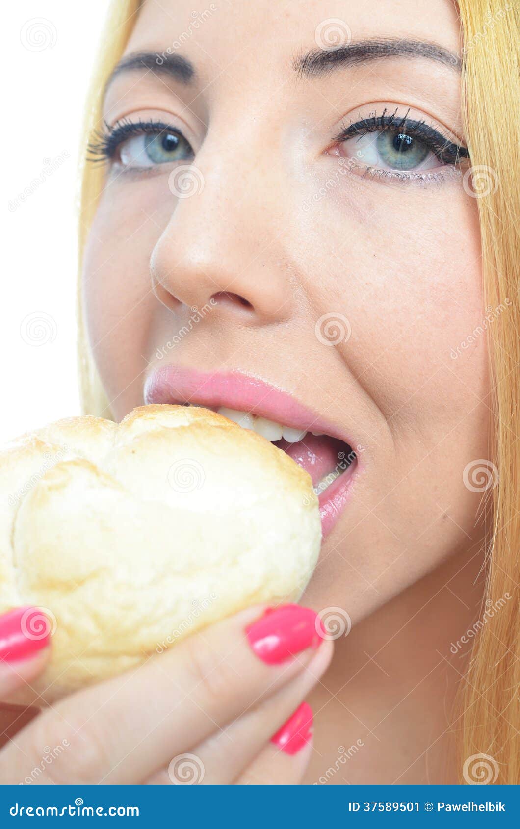 Woman eating bread roll stock image. Image of female - 37589501