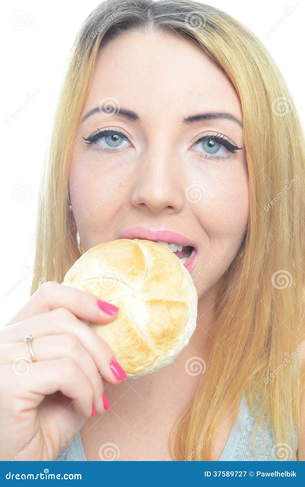 Woman eating bread roll stock image. Image of hold, hunger - 37589727