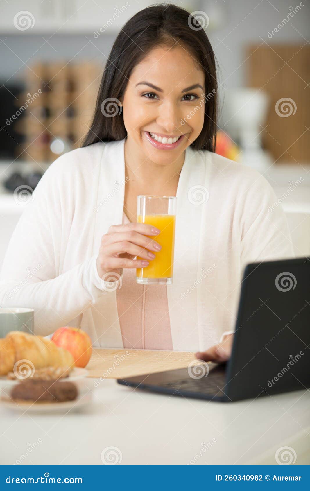Woman Eating Breakfast Working on Computer Stock Photo - Image of ...
