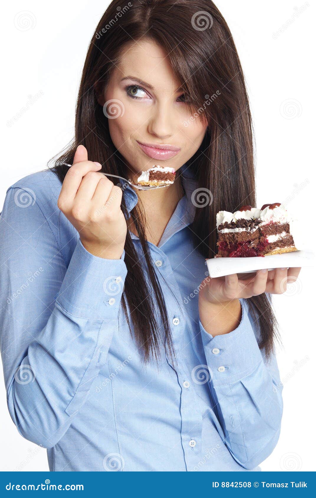 Woman Eating cake stock photo. Image of female, cheerful - 8842508