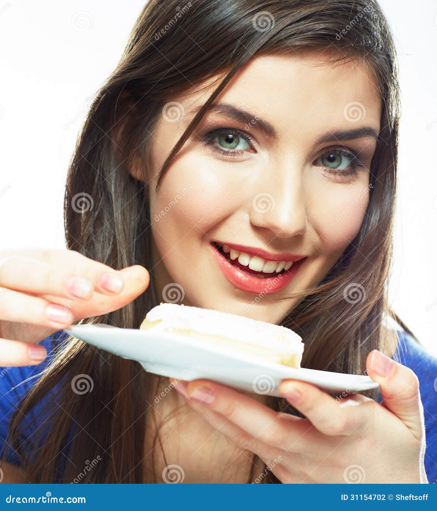 Woman eating cake in bed. stock photo. Image of home - 31154702
