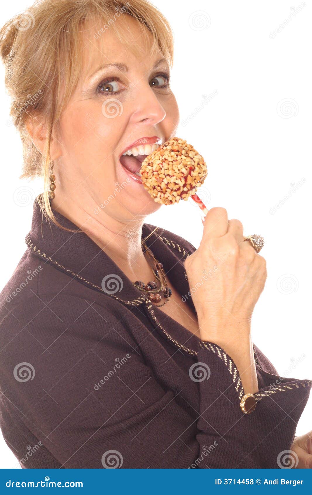 Woman Eating Candy Apple Side Stock Photo - Image of dessert ...