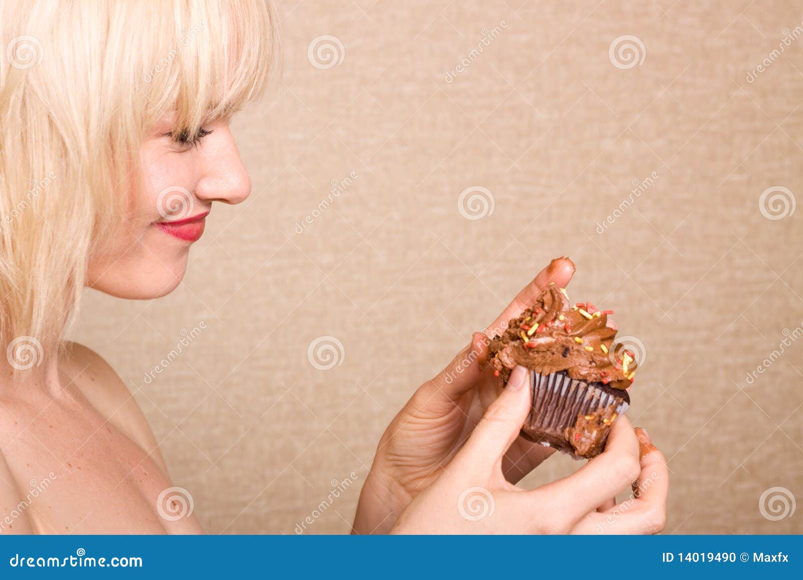 Woman Eating Chocolate Cupcake Stock Photo - Image of headshot, head ...
