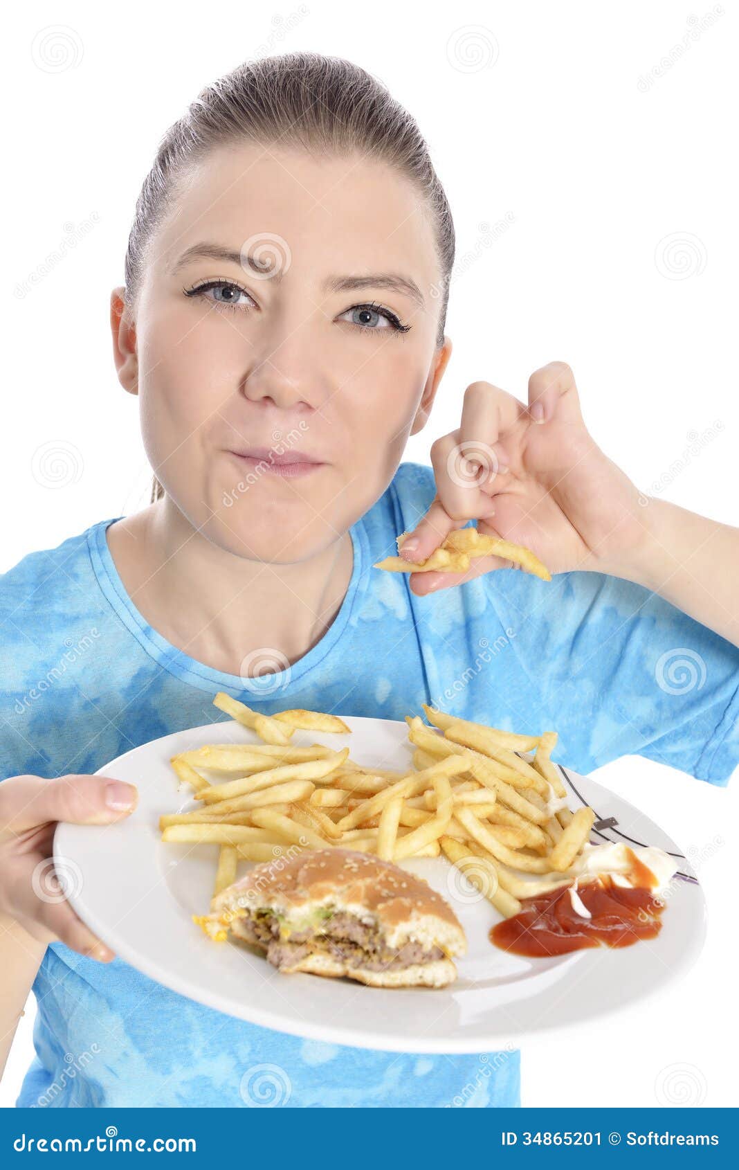 Woman eating fast food stock image. Image of beverage - 34865201