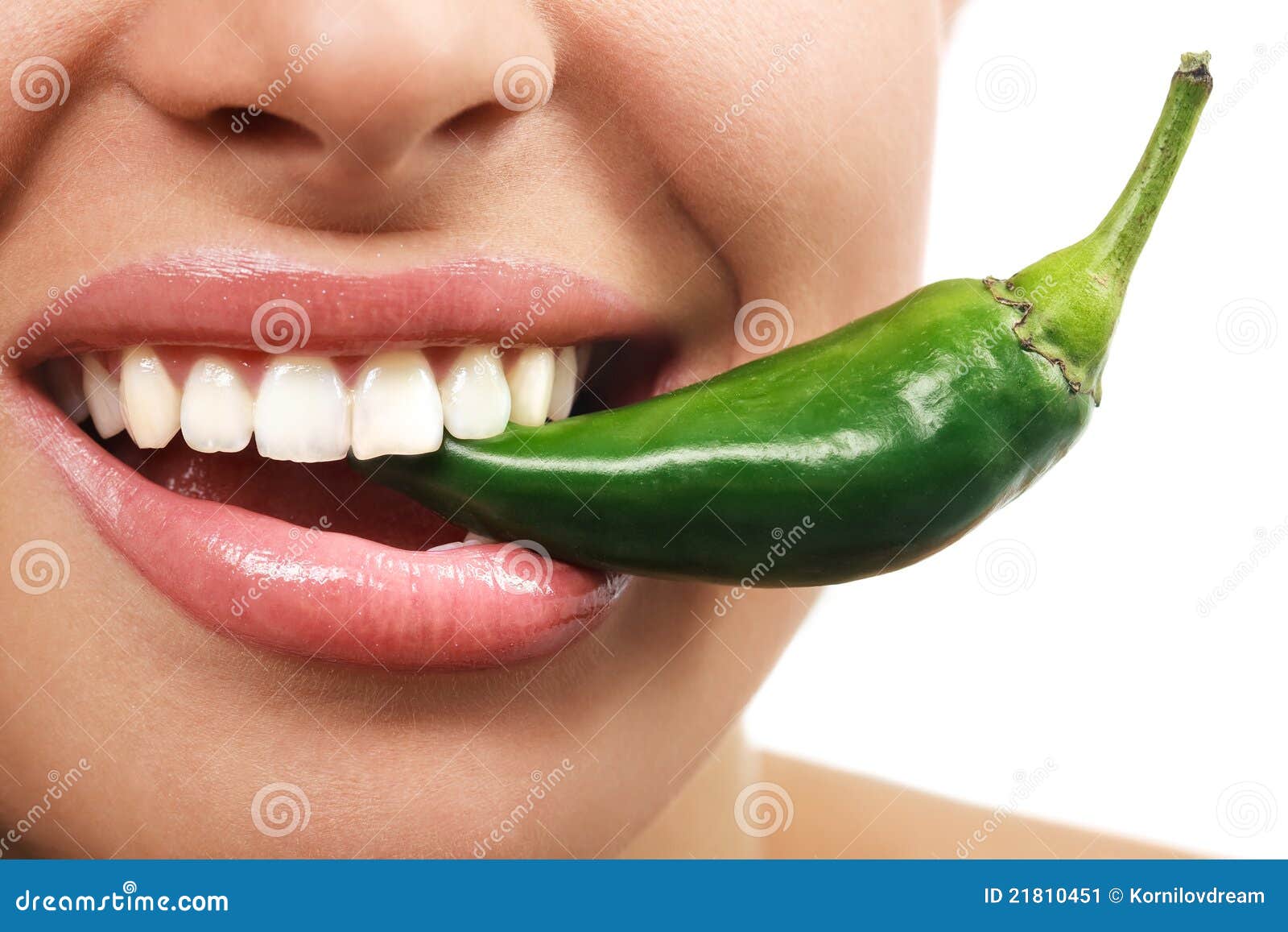 Woman Eating Green Vegetable Raw Pepper Stock Image - Image of ...