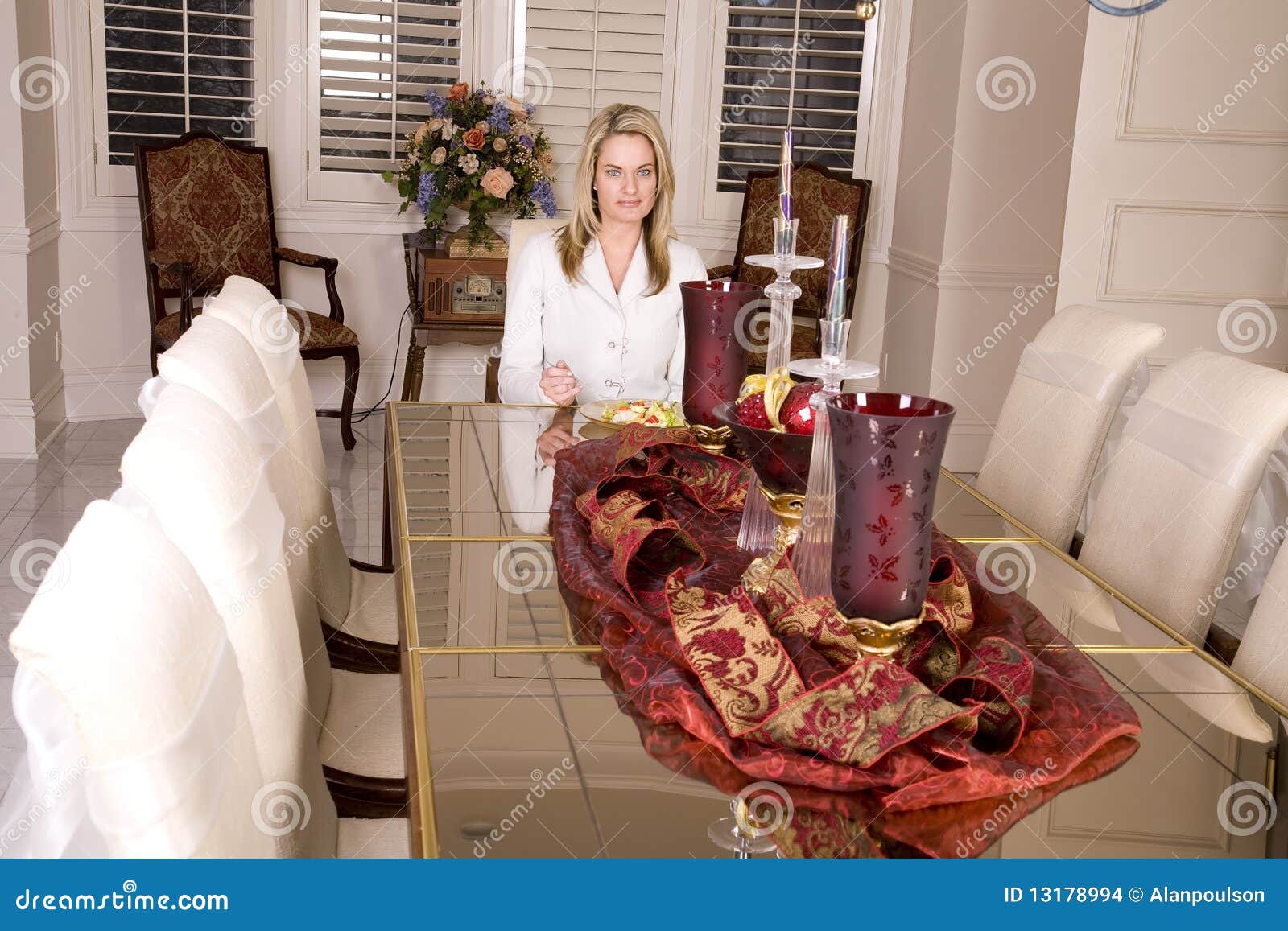 Woman Eating by Herself at Big Table Stock Photo - Image of nutrition ...