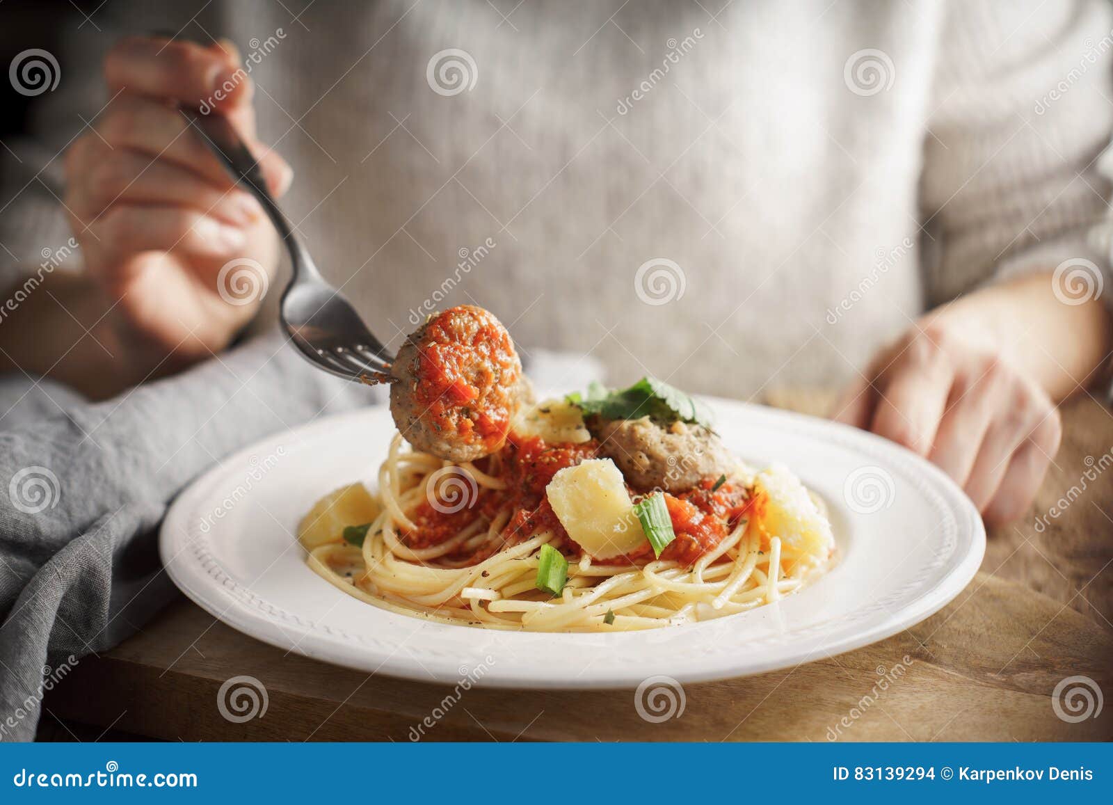 Woman Eating Meatballs and Paste Stock Photo - Image of breakfast ...
