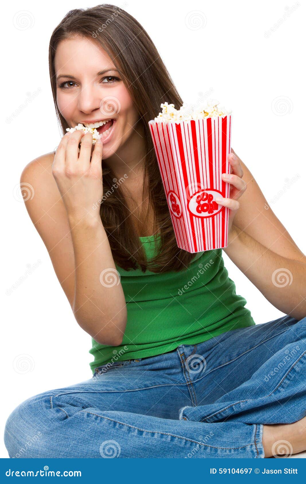 Woman Eating Popcorn stock image. Image of happy, movie - 59104697