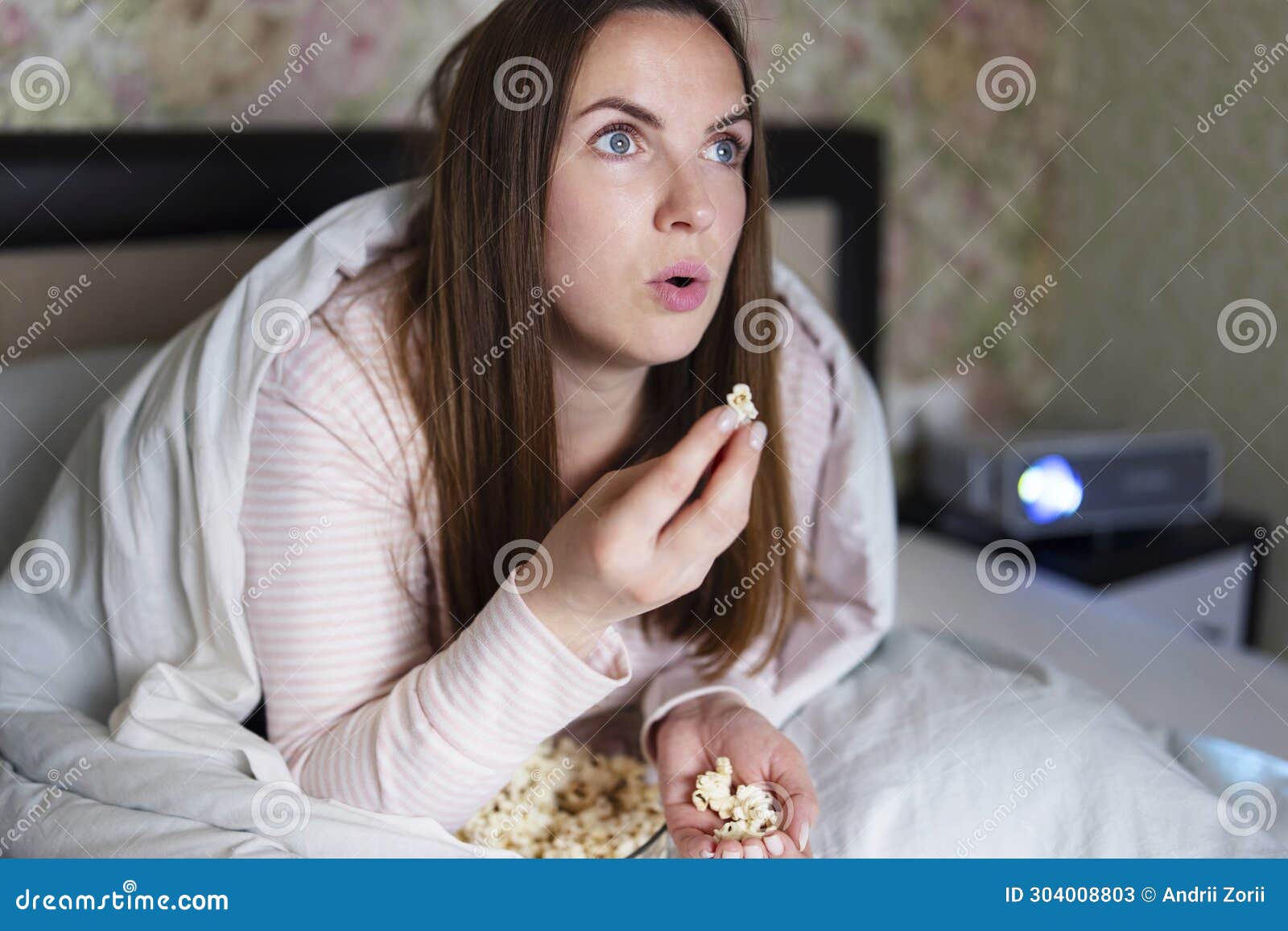 Woman Eating Popcorn Watching Movie At Home Stock Image Image Of
