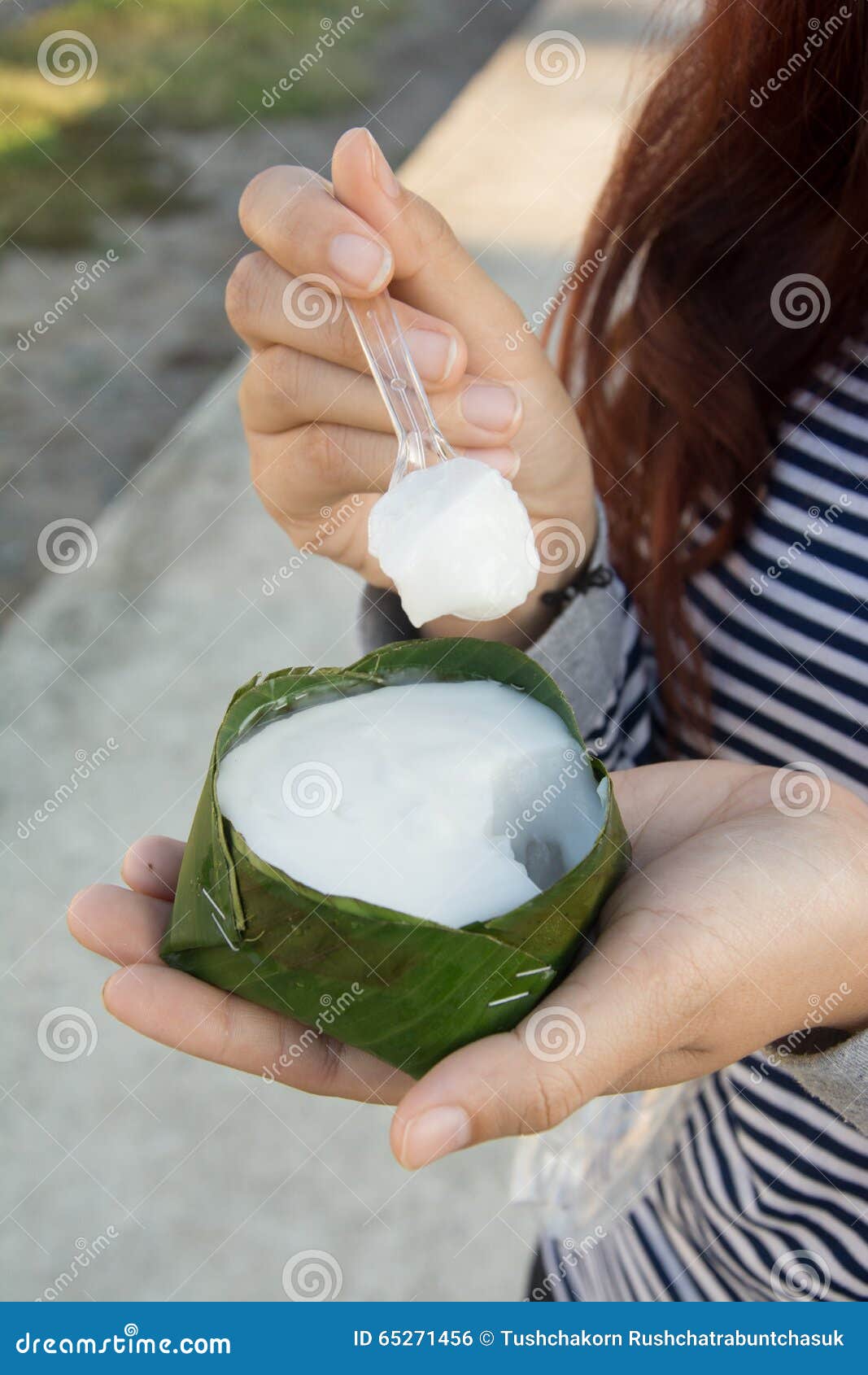 Woman Eating Pudding with Coconut Topping. Stock Photo - Image of thai ...