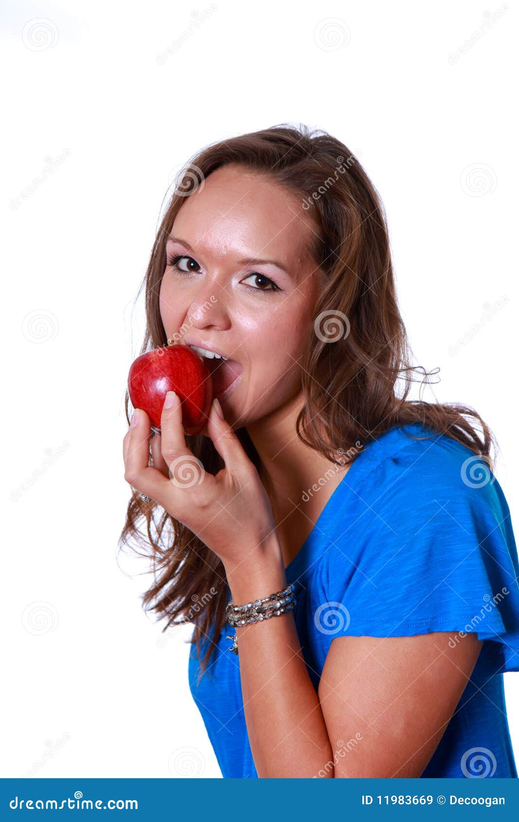 Woman eating a red apple. stock image. Image of apple - 11983669