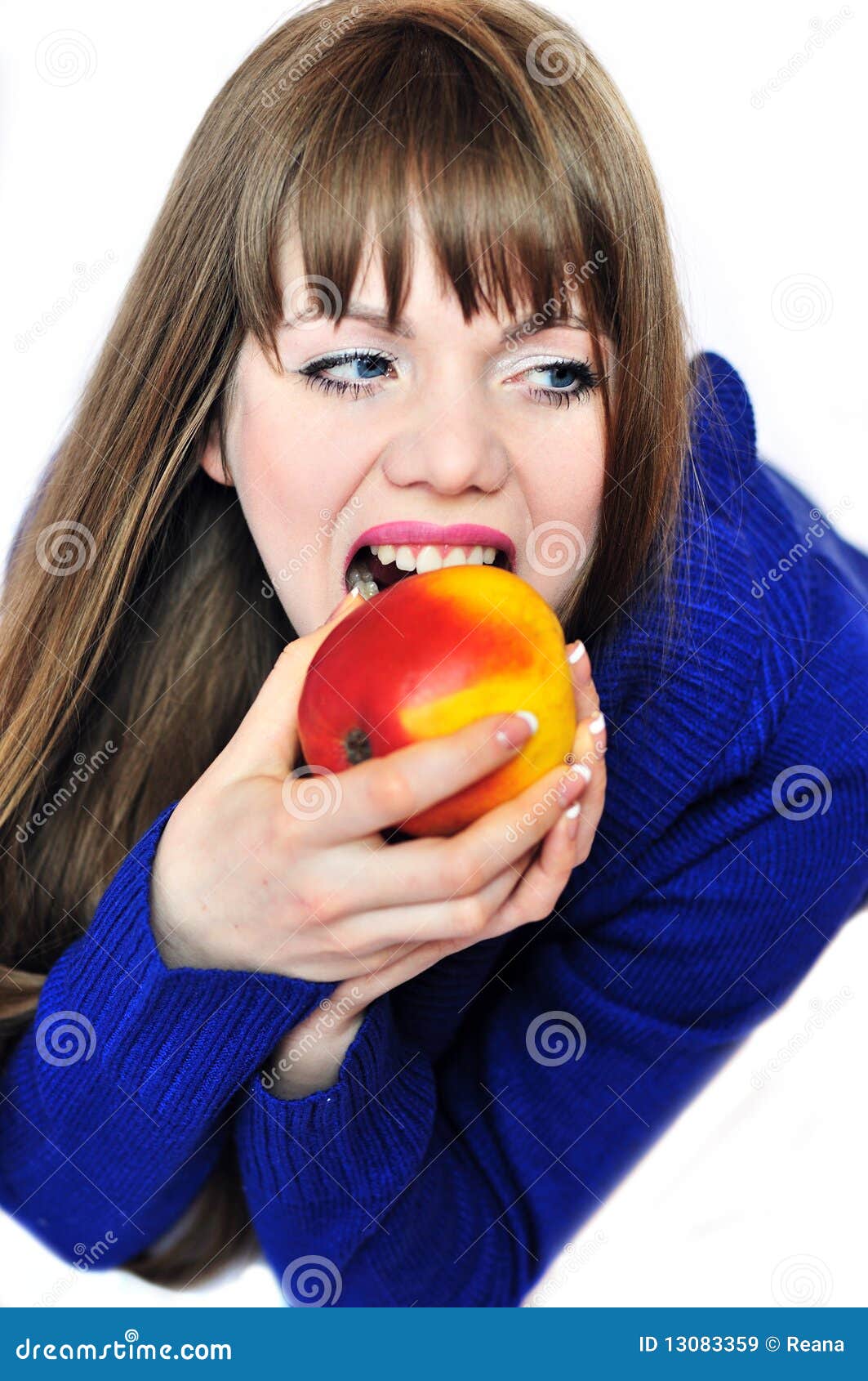 Woman eating red apple stock image. Image of face, happy - 13083359