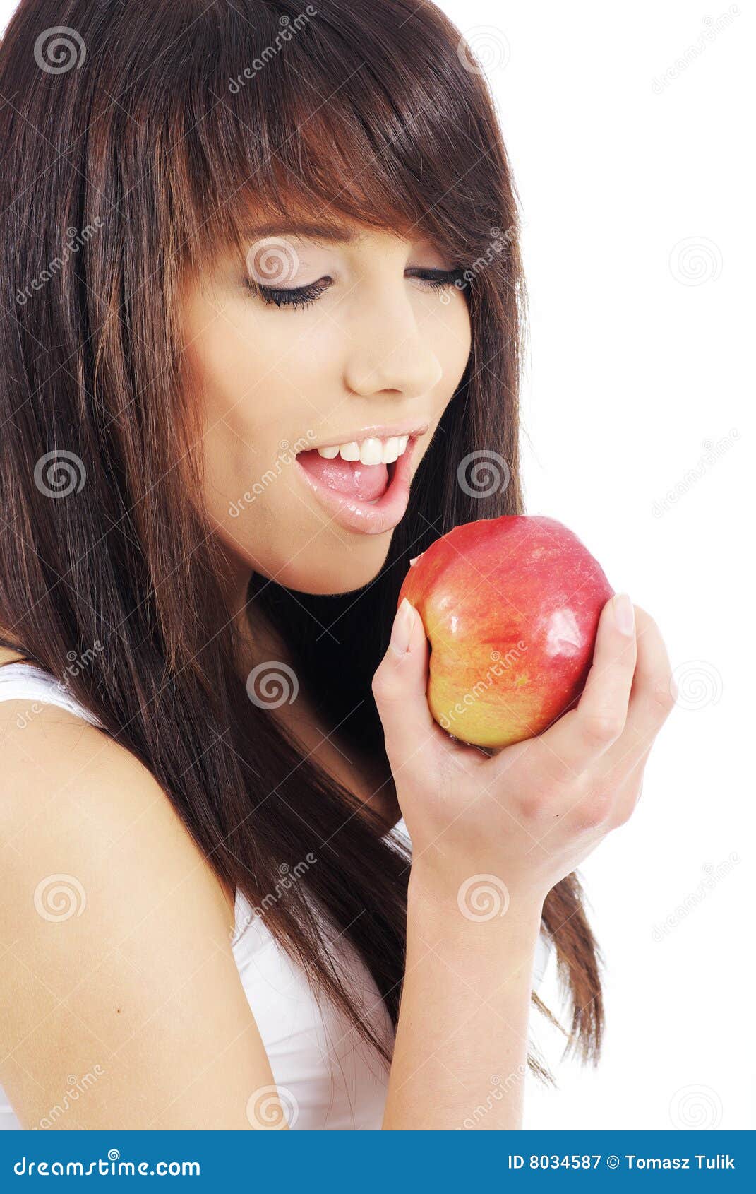Woman eating red apple. stock image. Image of food, nutrition - 8034587