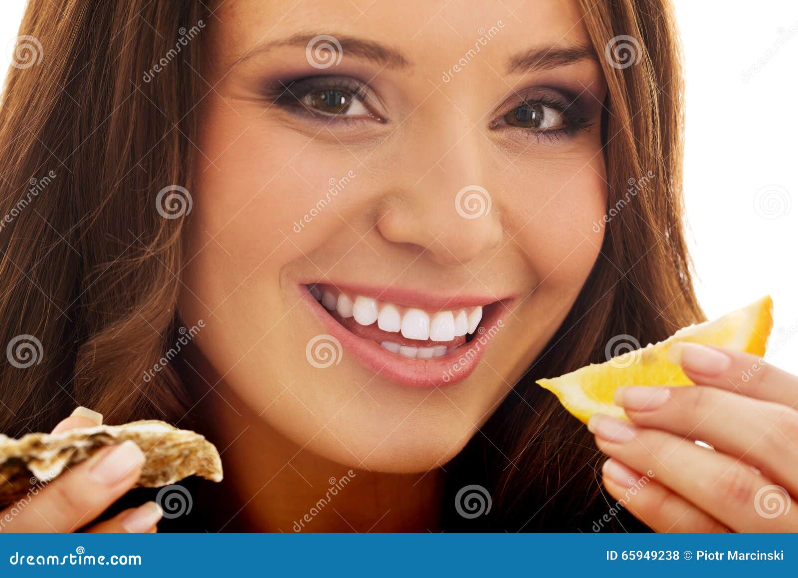 Woman eating shellfish. stock photo. Image of natural - 65949238