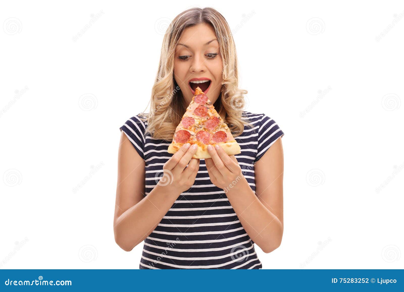 Woman Eating a Slice of Pizza Stock Photo - Image of blond, mouth: 75283252