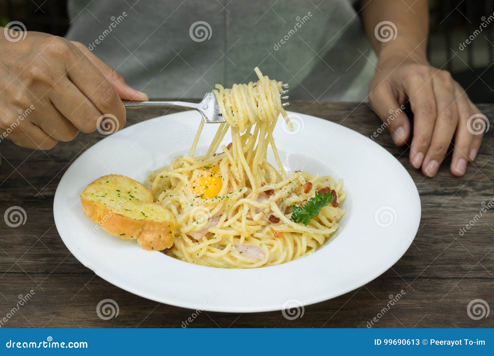 Woman Eat Spaghetti and Garlic Bread. Stock Image - Image of food ...