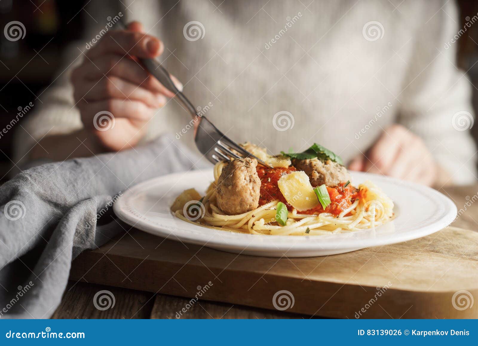 Woman Eating Spaghetti with Meatballs Stock Photo - Image of girl ...