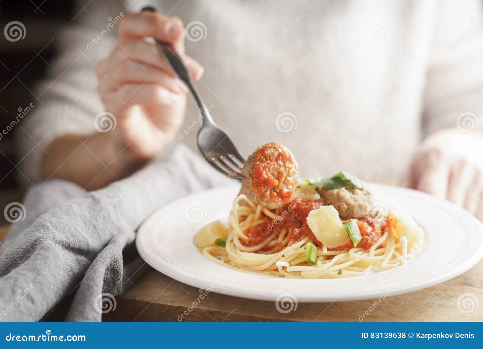 Woman Eating Spaghetti with Meatballs Stock Photo - Image of dinner ...