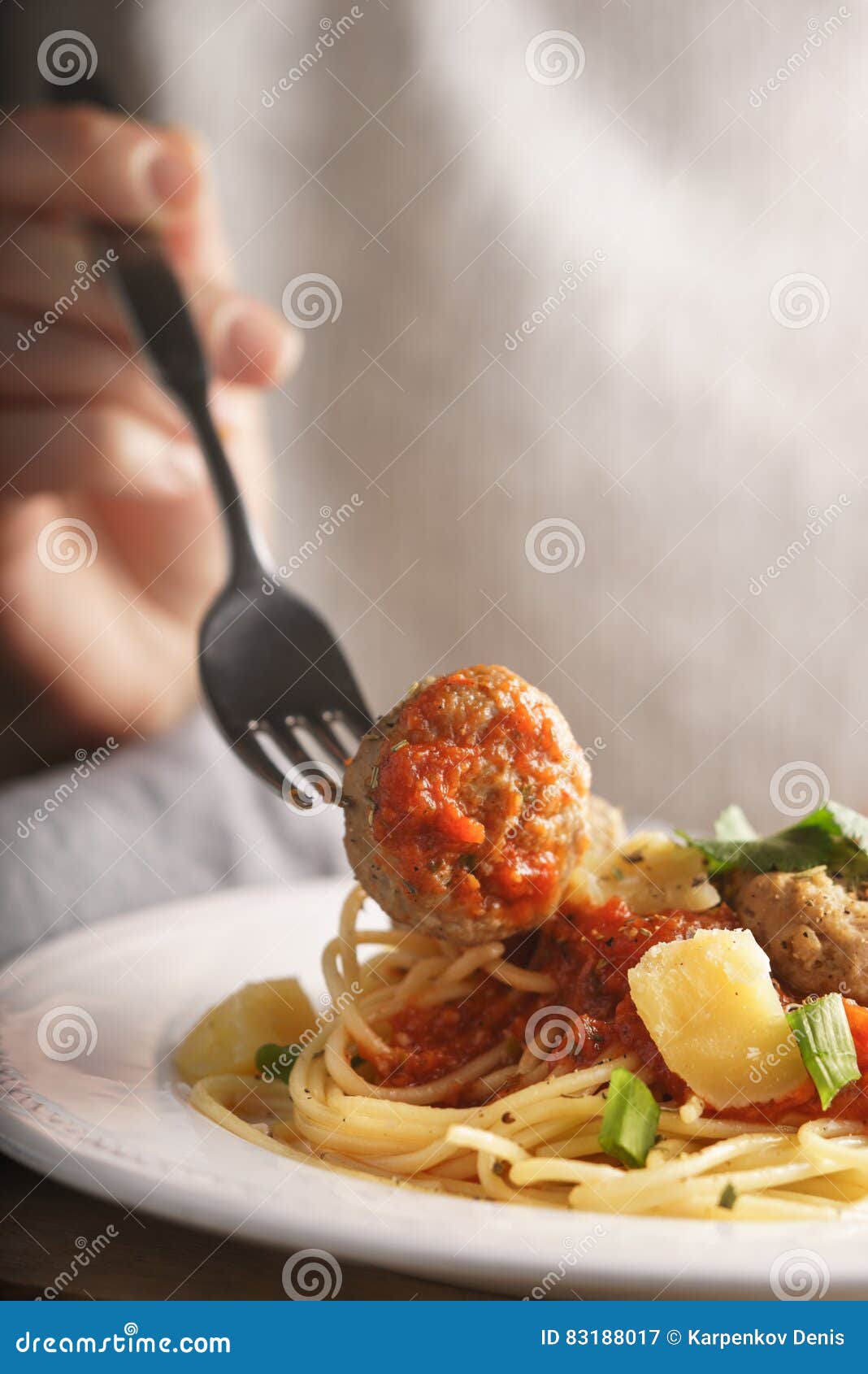 Woman Eating Spaghetti with Meatballs Stock Image - Image of dish ...