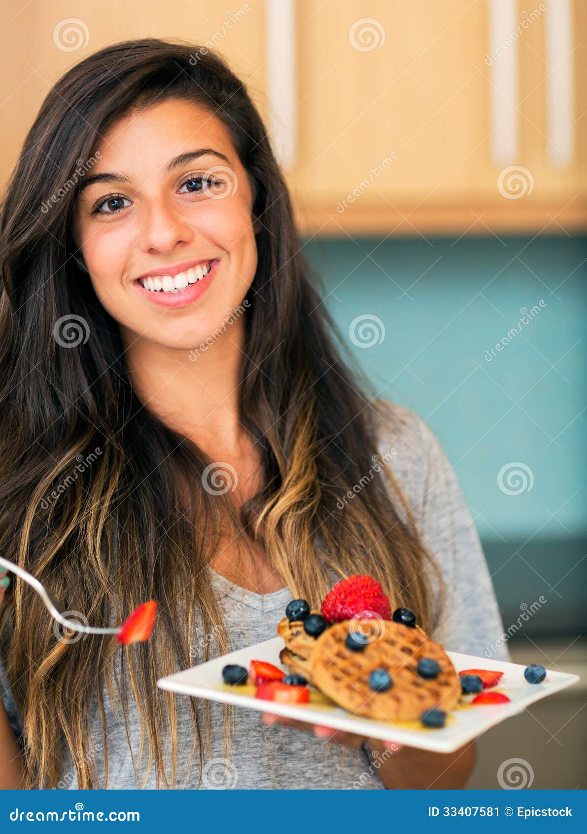 Woman Eating Waffles with Fresh Fruit Stock Image - Image of dessert ...