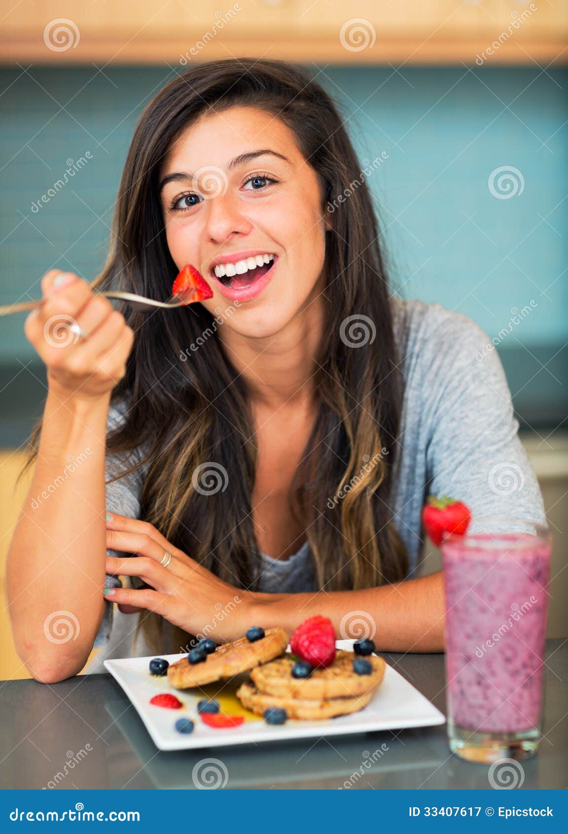 Woman Eating Waffles with Fresh Fruit Stock Image - Image of nutrition ...