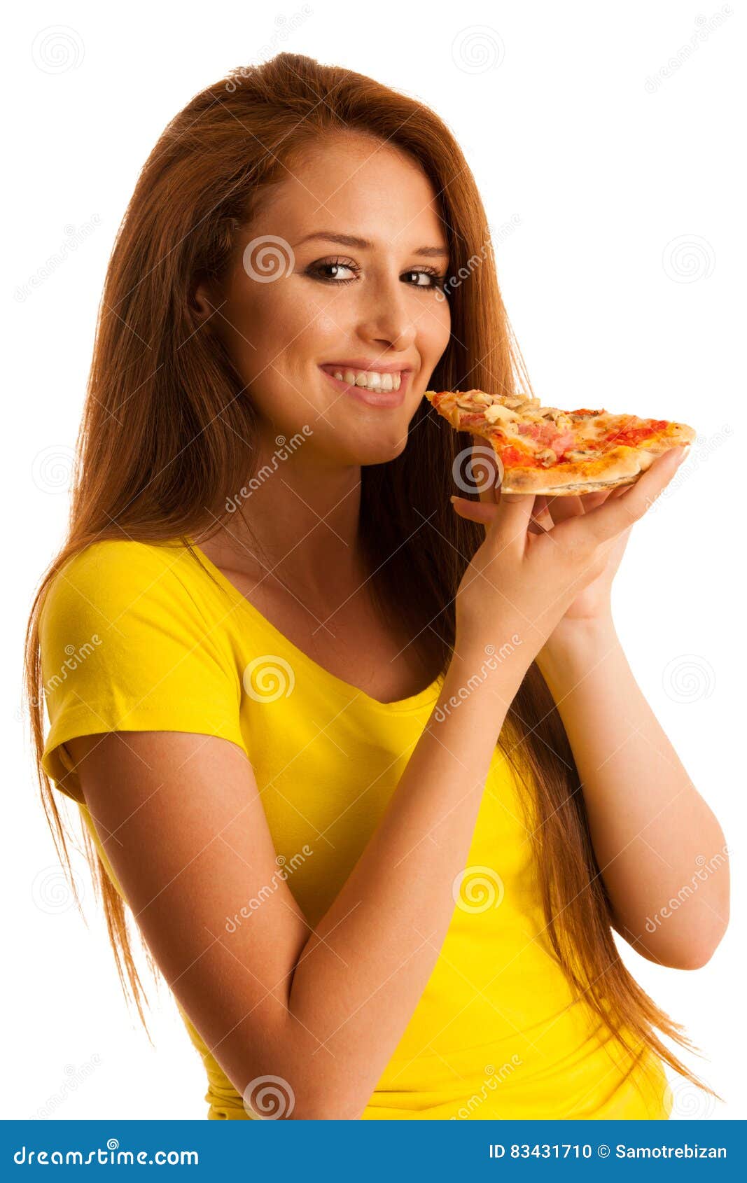 Woman Eats Delicious Pizza Isolated Over White Background Stock Photo ...
