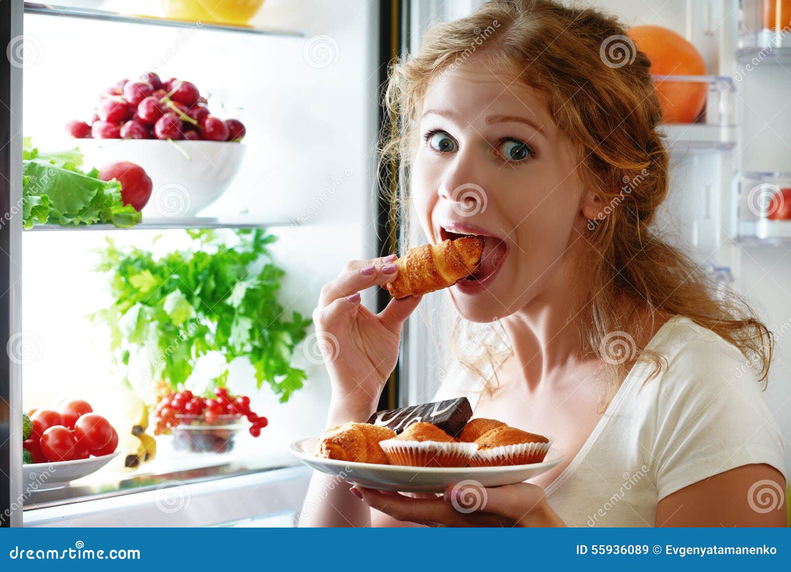 Woman Eats Night Stole the Refrigerator Stock Image - Image of eating ...