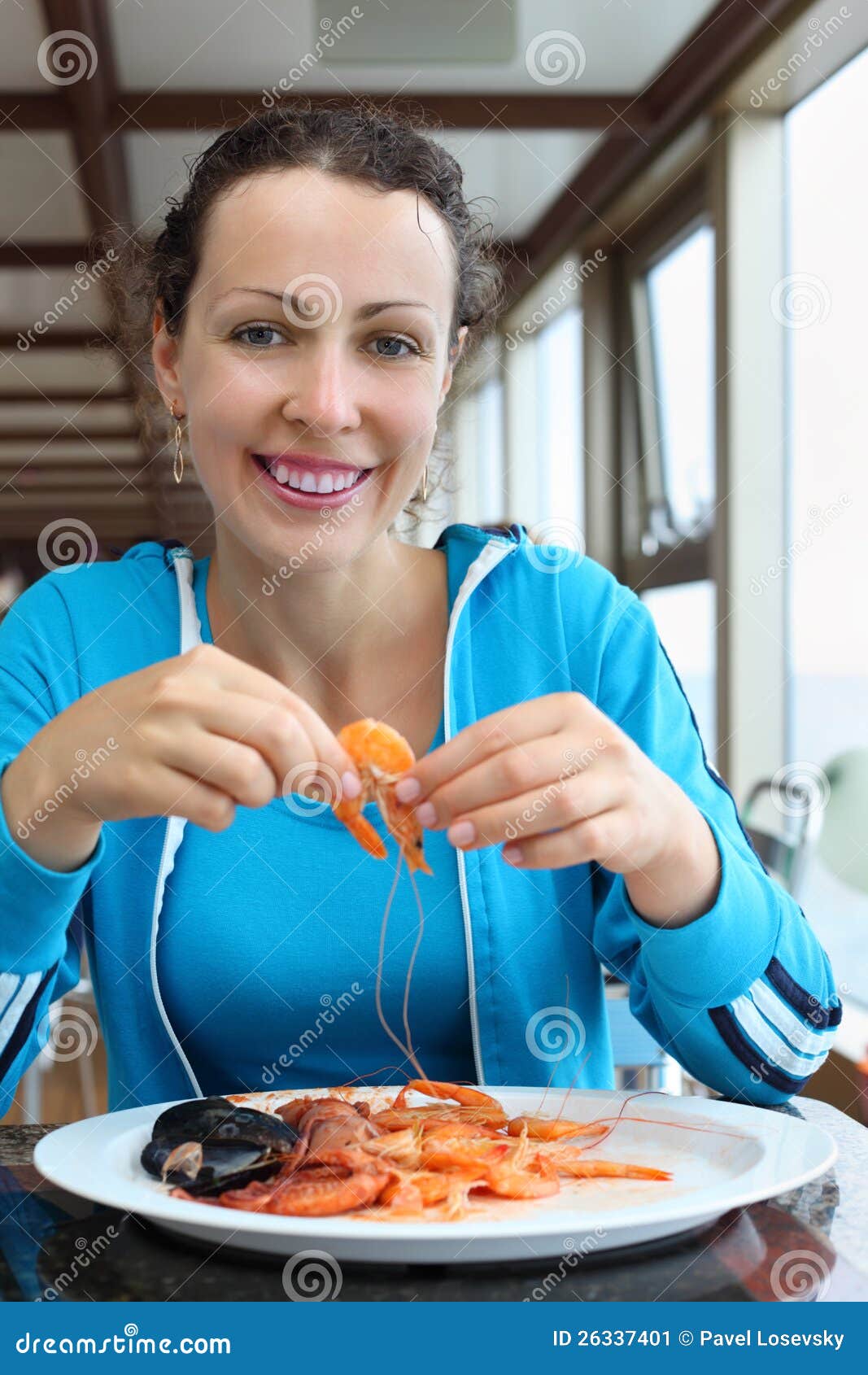 Woman Eats Shrimps and Other Seafood Stock Image - Image of face, dish ...