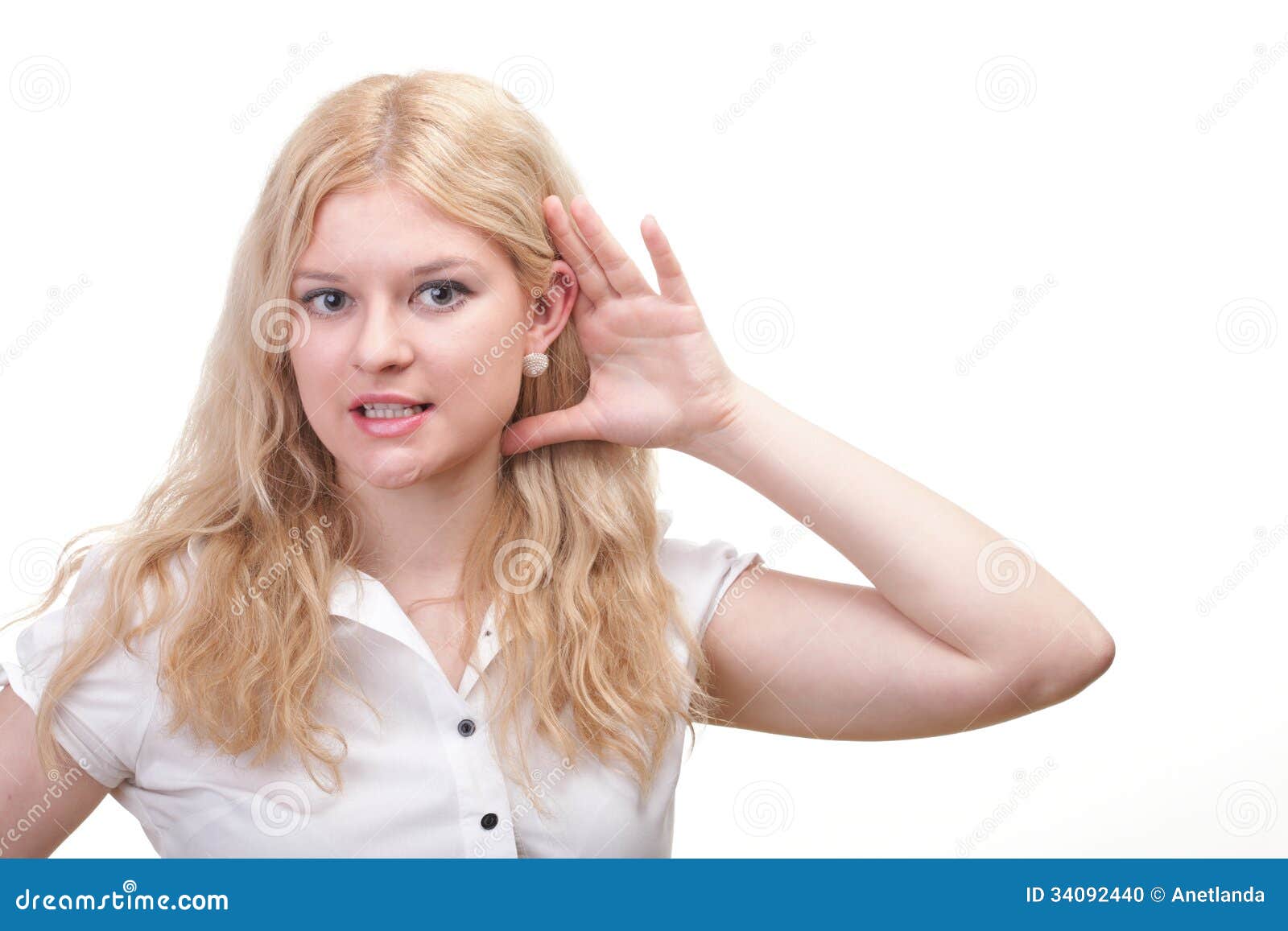 Woman Eavesdropping with Hand Behind Her Ear Stock Photo - Image of ...