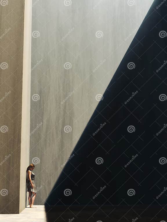 Woman on the Edge of Light and Darkness Stock Illustration ...