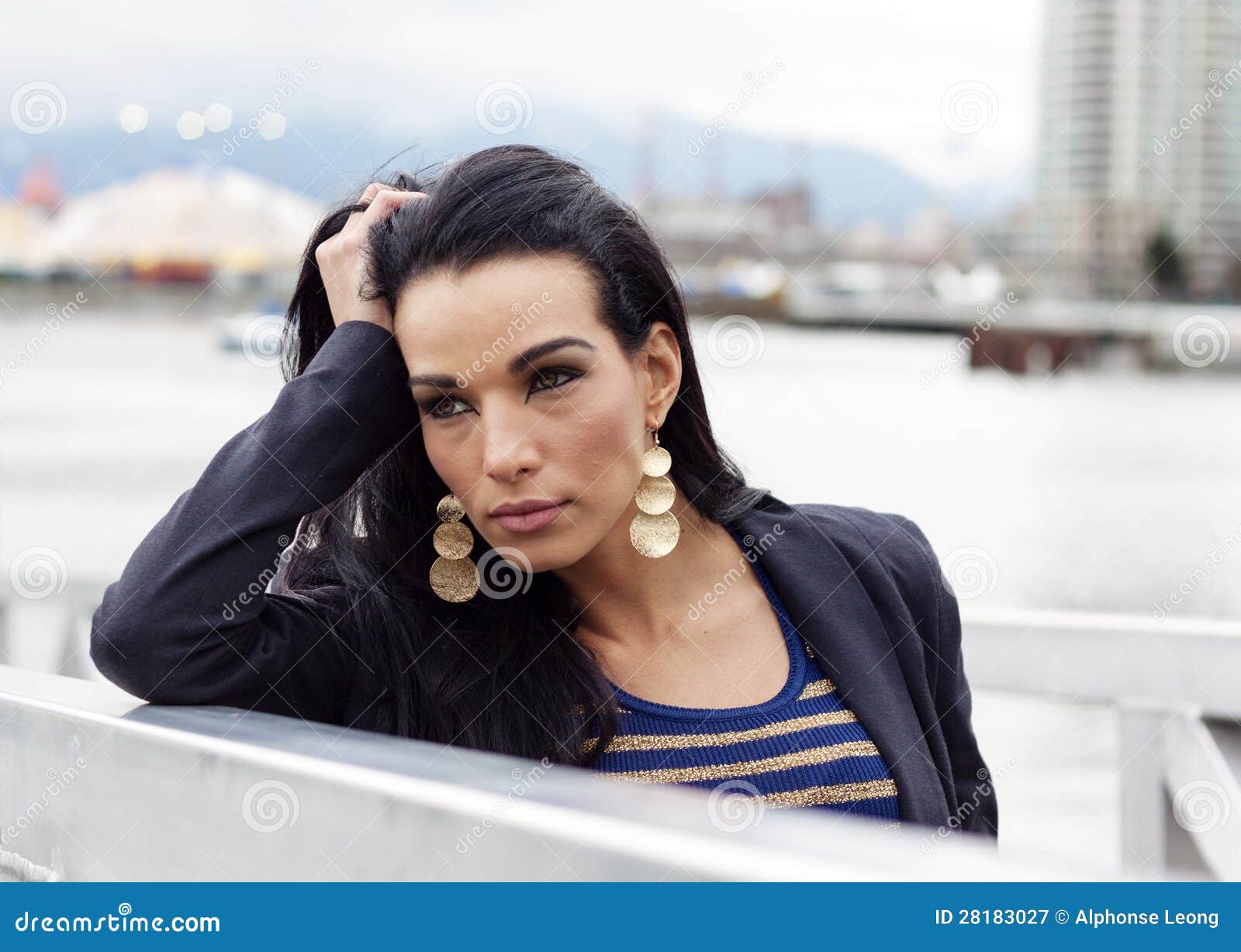 Woman with Elbow on Railing Gazing Left Stock Image - Image of posing ...