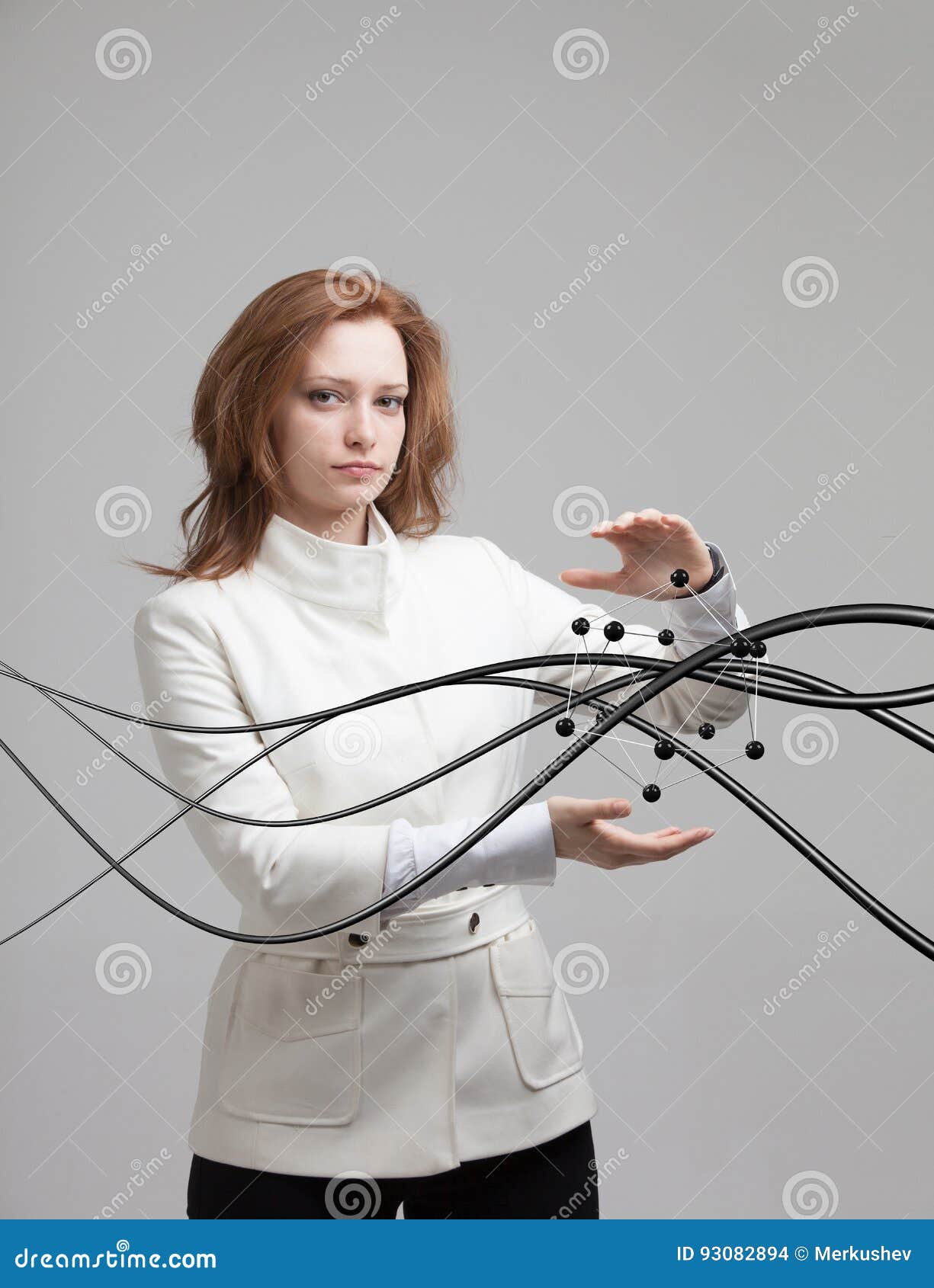 Woman with Electrical Cables or Wires, Curved Lines. Stock Photo ...