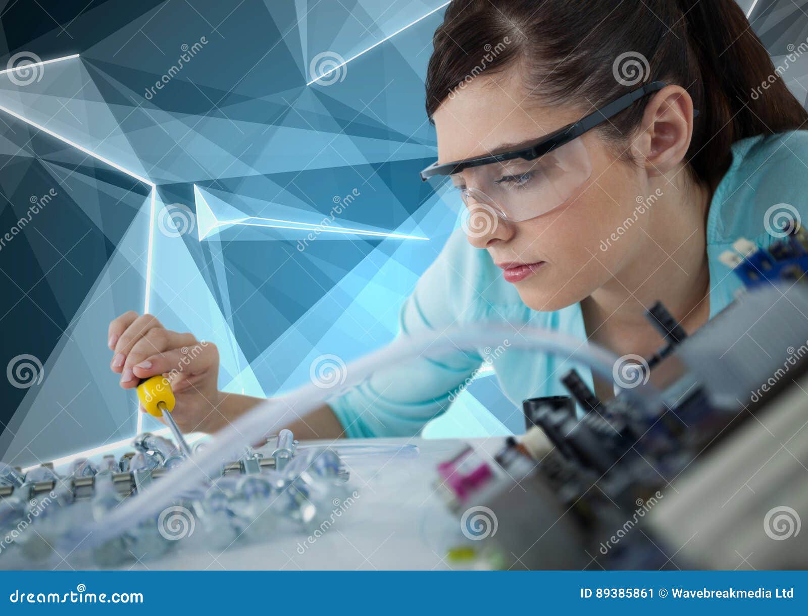 Woman with Electronics Against Blue Geometric Background Stock Image ...