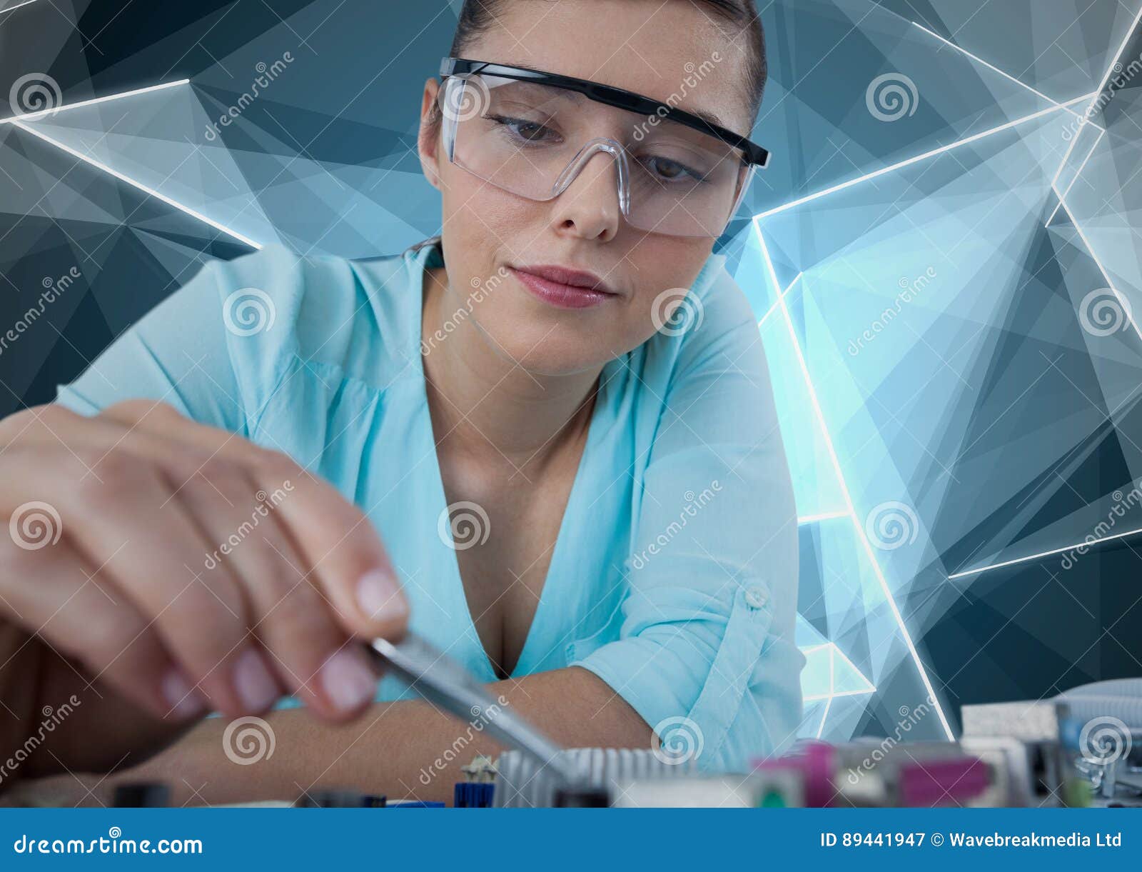 Woman with Electronics Against Blue Geometric Background Stock Image ...