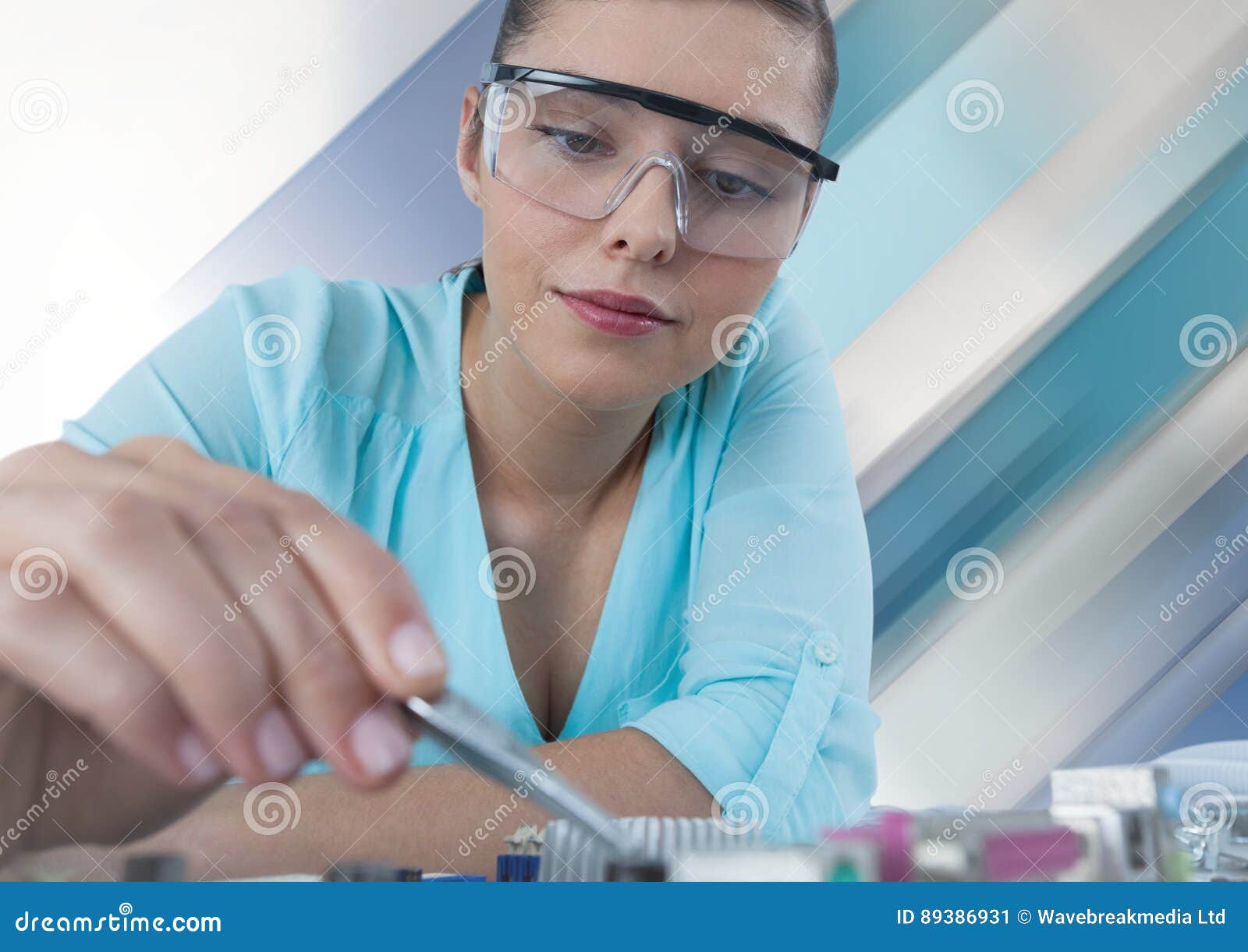 Woman with Electronics Against White Background with Stripes Stock ...