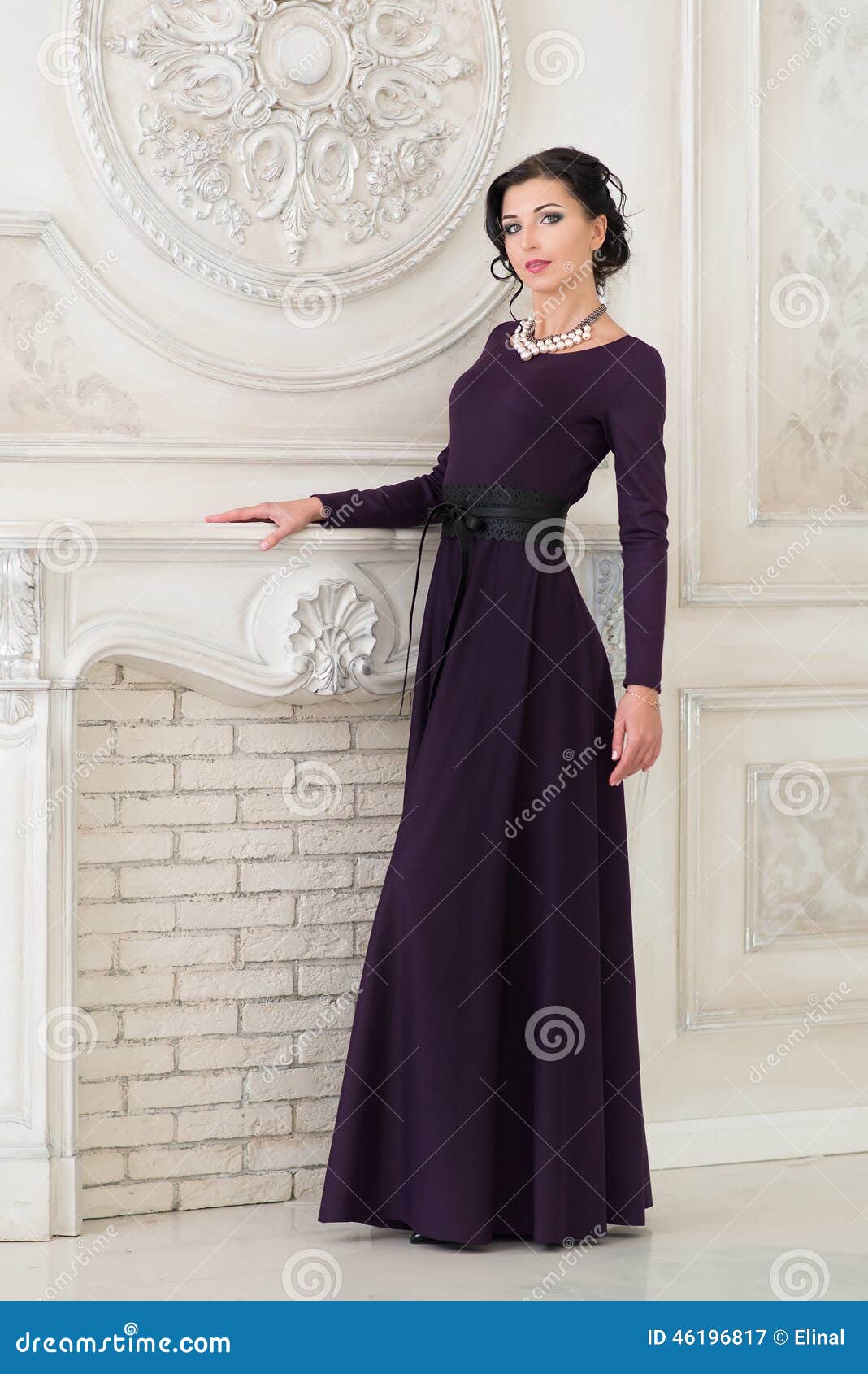 Woman in Elegant Long Violet Dress in Studio Stock Image - Image of ...