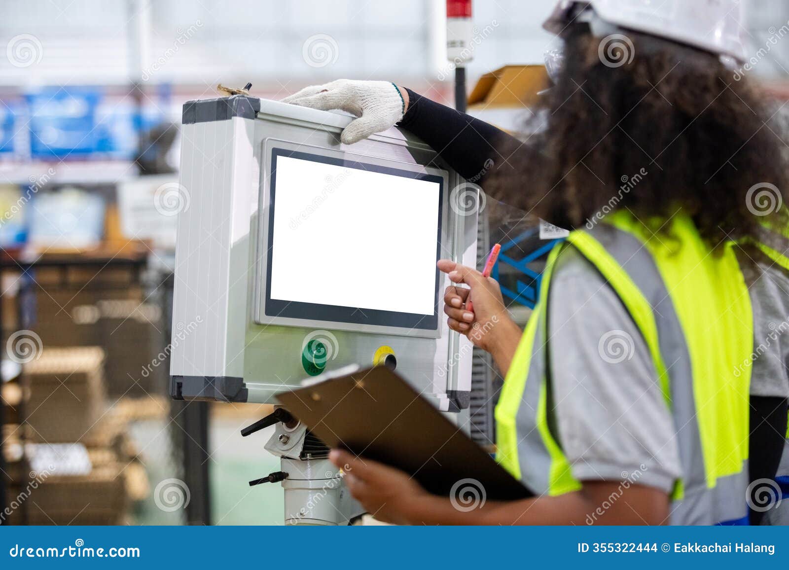 Woman Engineer Using Computer Blank White Screen Controlling Machine at ...