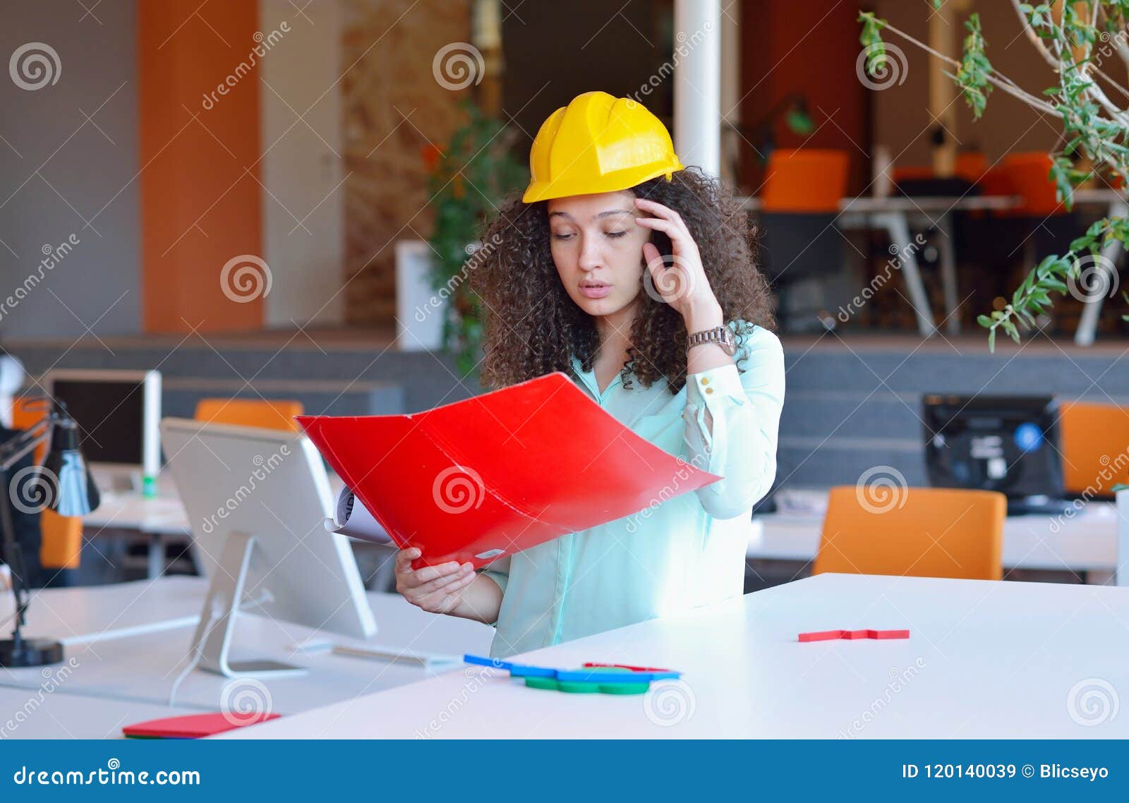 Woman Engineer Working on Blueprint in Office Stock Image - Image of ...