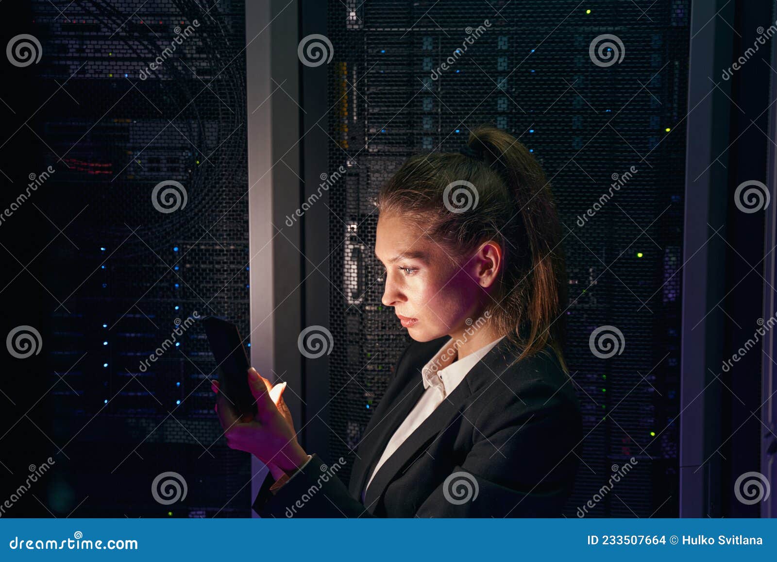 Woman Engineer Working in Data Center by Server Storage Racks Stock ...