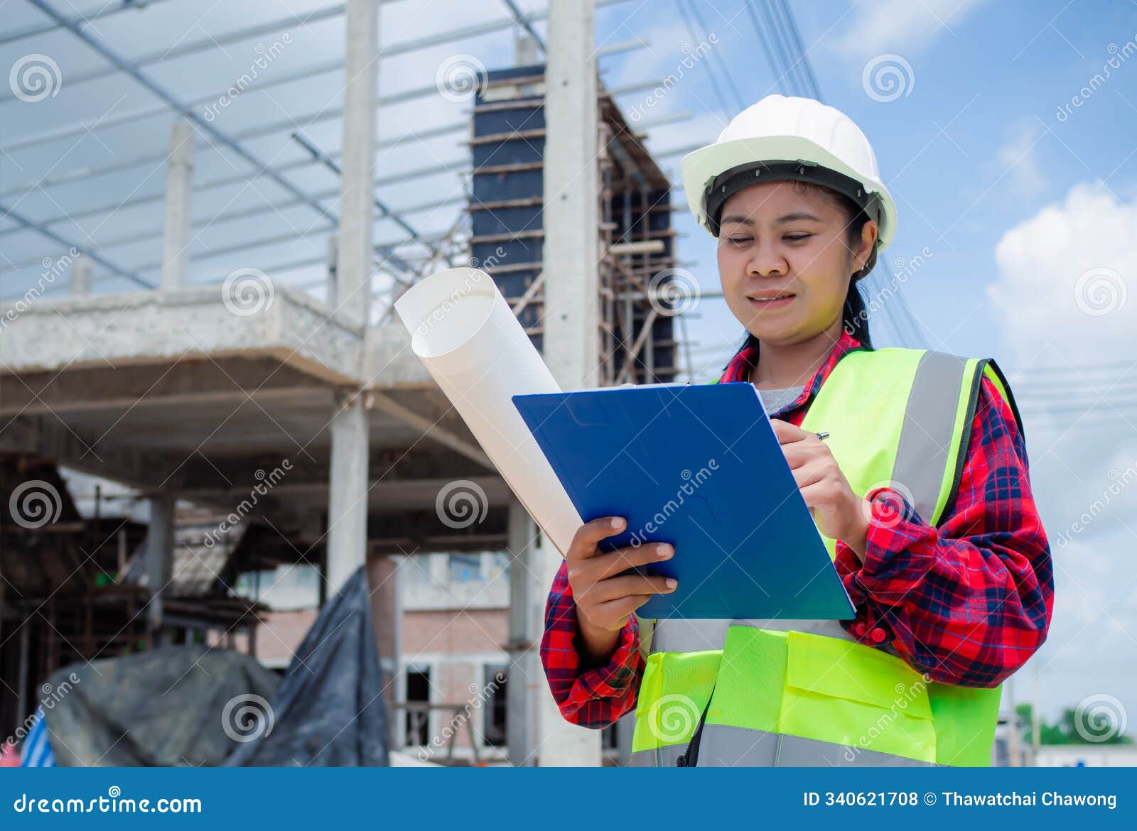 Engineers Holding Blueprint Project Working Outdoors Building Side With ...