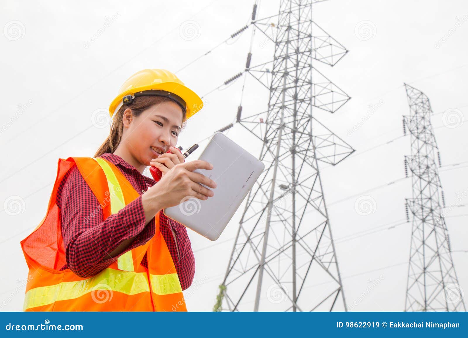 Woman Engineering Working on High-voltage Tower Stock Image - Image of ...