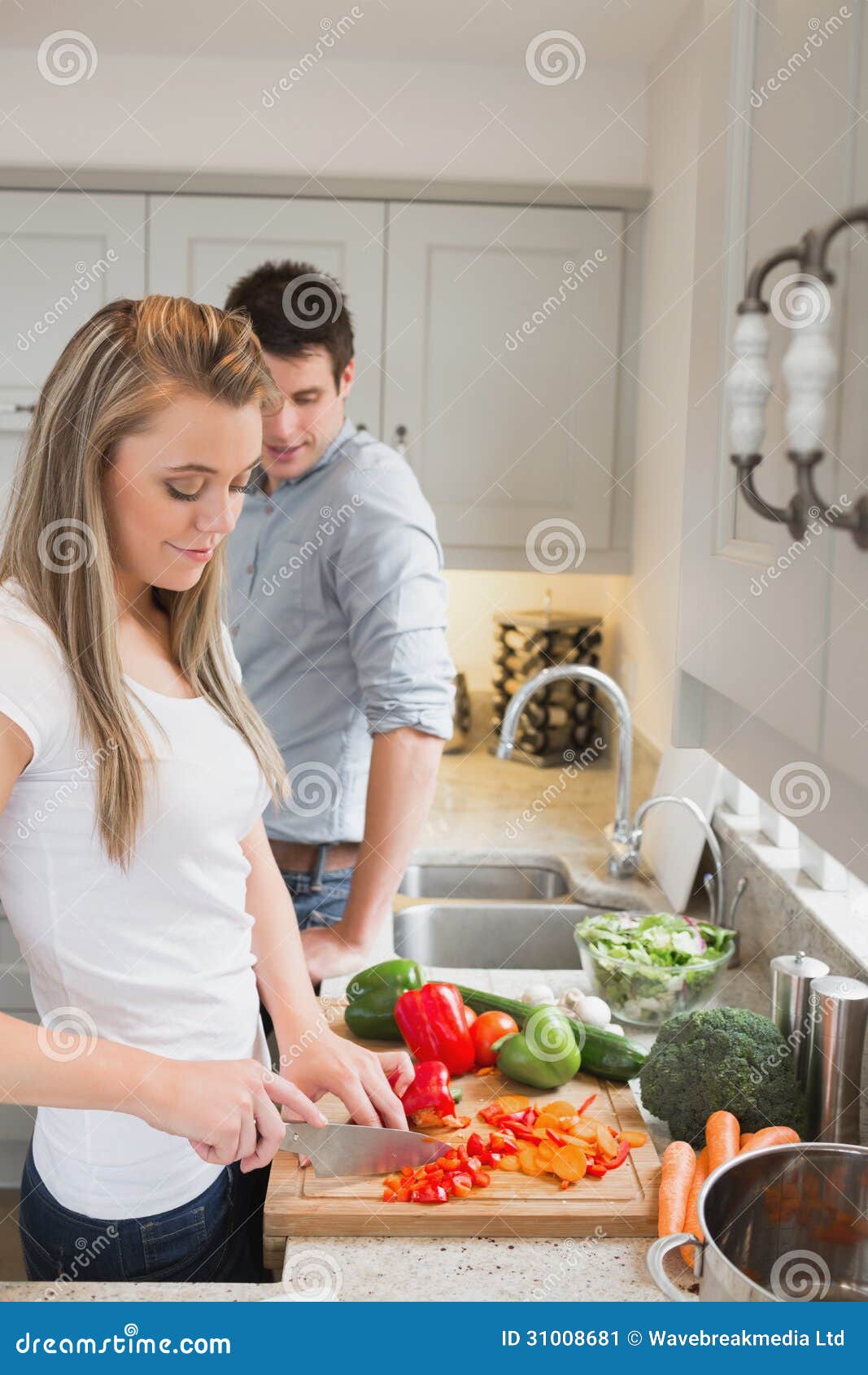 Woman Enjoying Cooking with Man Watching Stock Image - Image of organic ...