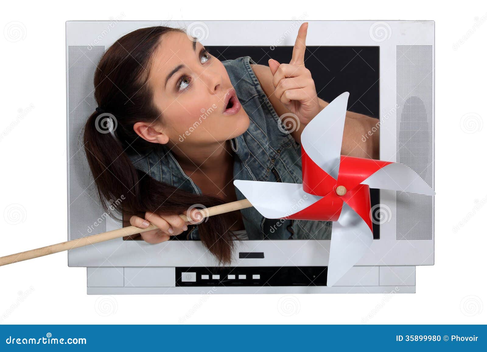 Woman Escaping from a Television Stock Photo - Image of hand, flat ...