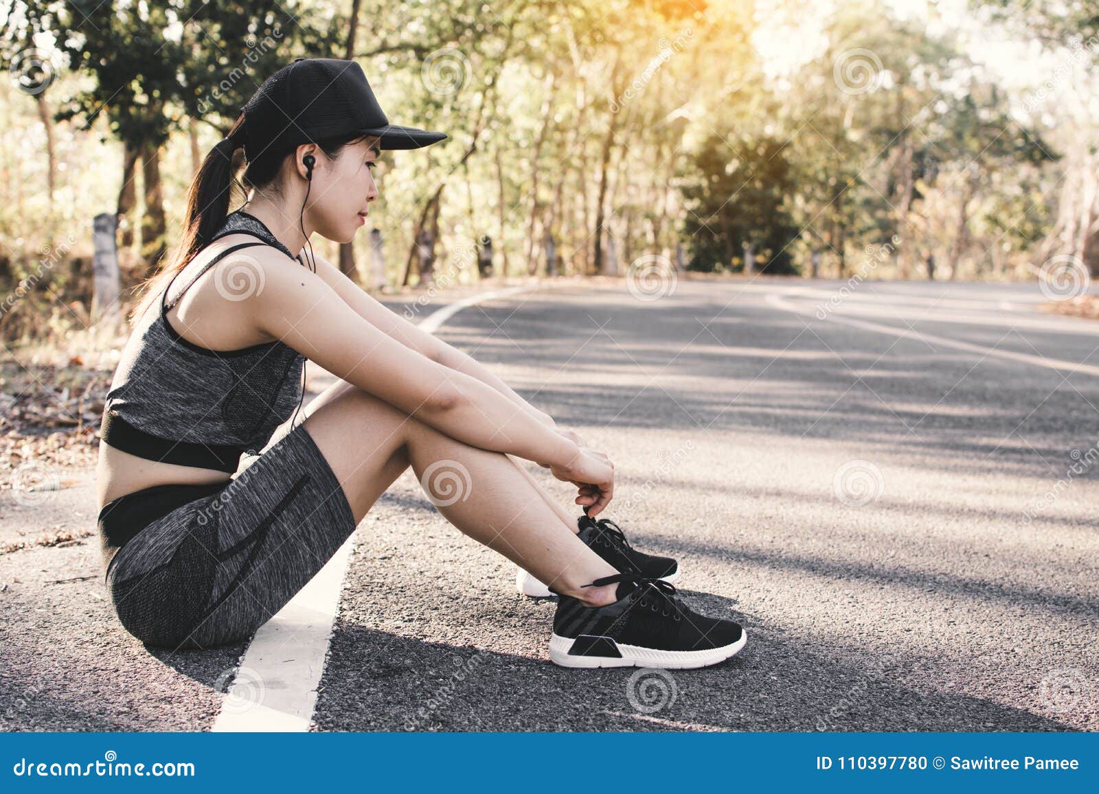 Woman Exercise and Rest on Road Stock Photo - Image of lifestyle, park ...