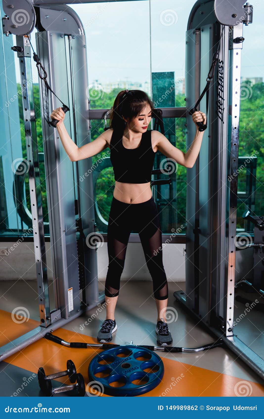 Woman Exercise Using Machine Crossover Cable Training Stock Photo ...