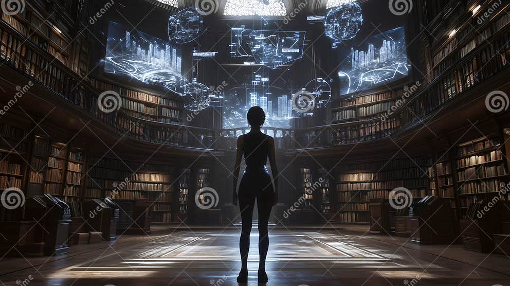Woman Exploring Futuristic Data Visualization in Ancient Library Stock ...