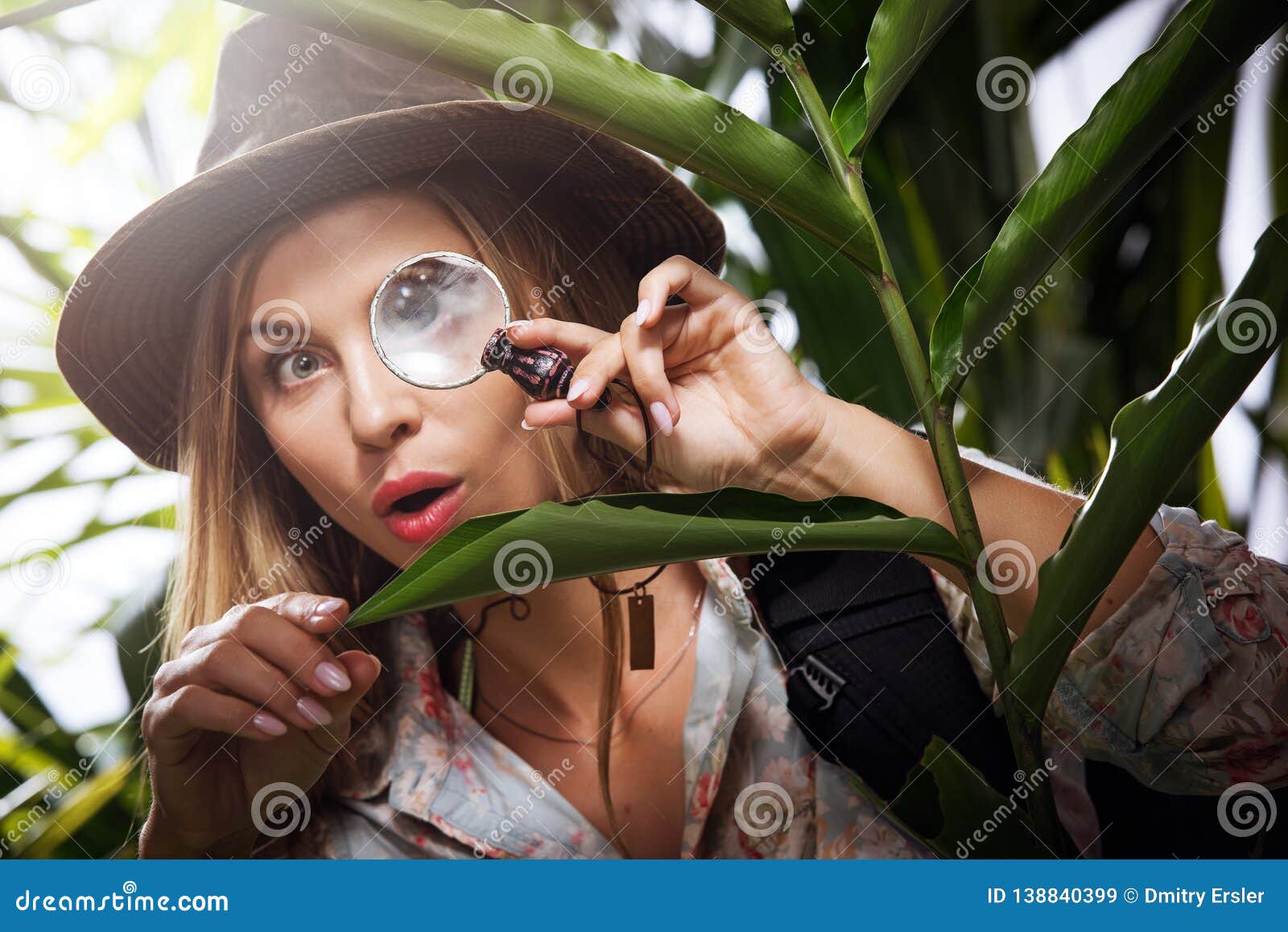 Woman Exploring Jungle Environment Stock Image - Image of loupe, girl ...