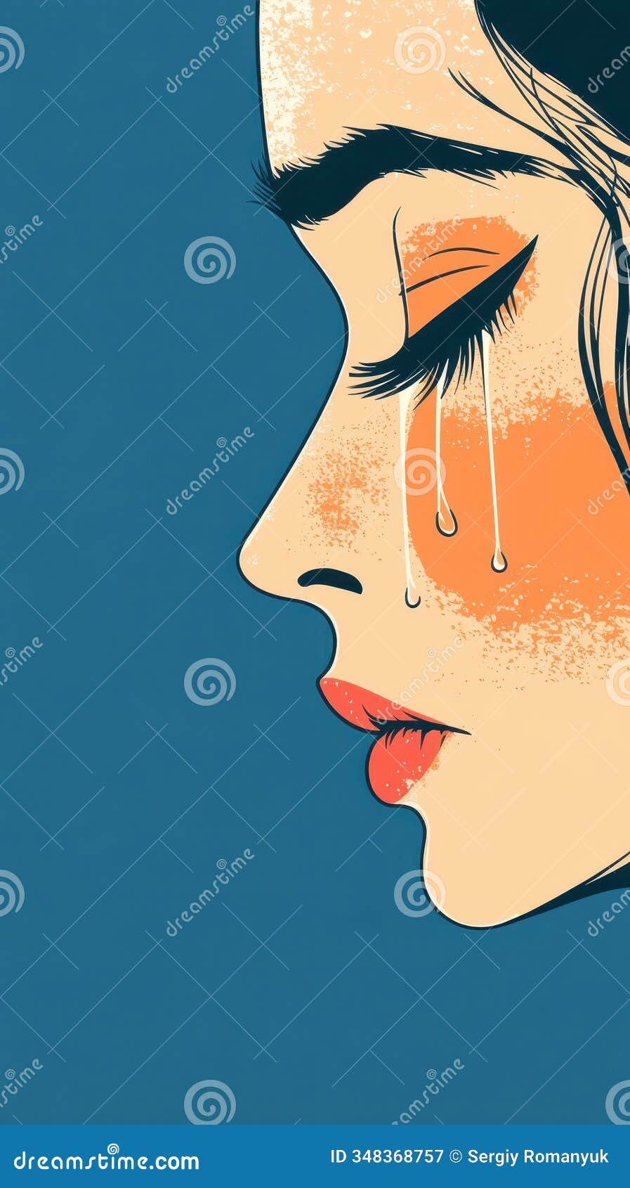 Woman Expresses Deep Emotions with Tears Flowing on a Solid Blue ...