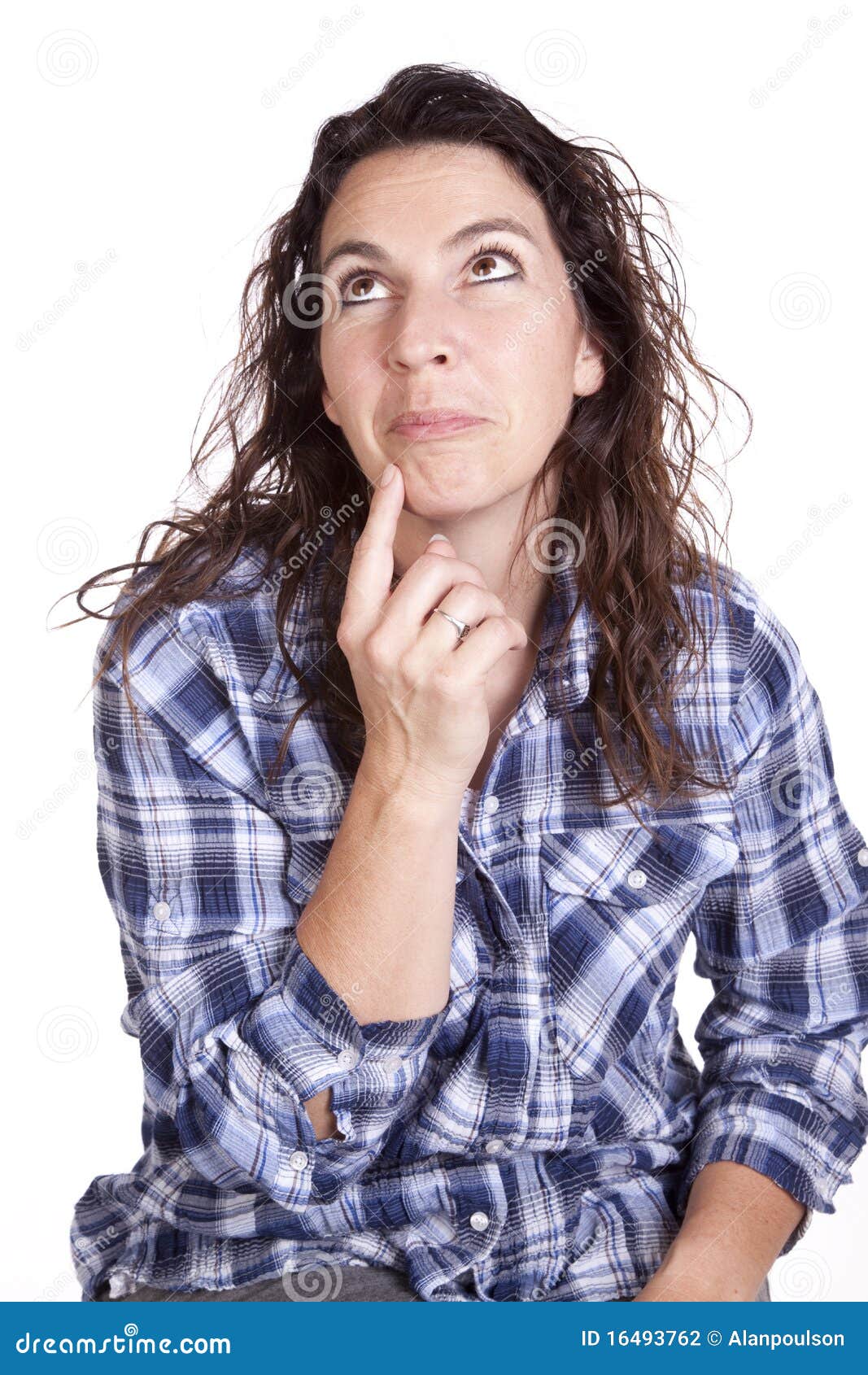 Woman Expression Blue Thinking Stock Photo - Image of brunette, cute ...