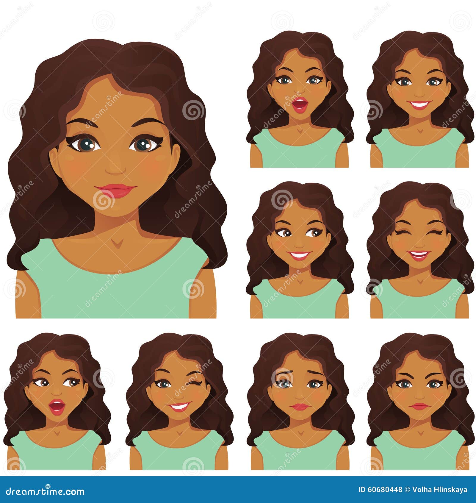 Set Of Woman Expression. On White. Flat Design. Cute Emotions.Vector ...